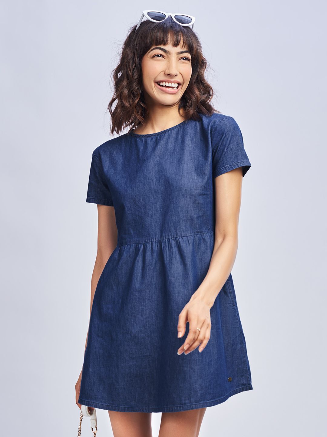 Buy Solids Denim Mid Blue Gathered Dresses Online