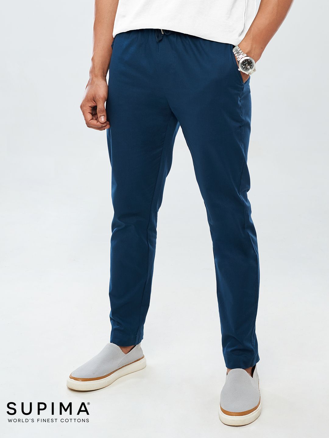 Buy Supima Cotton Majolica Blue Lino Pant for Men Online