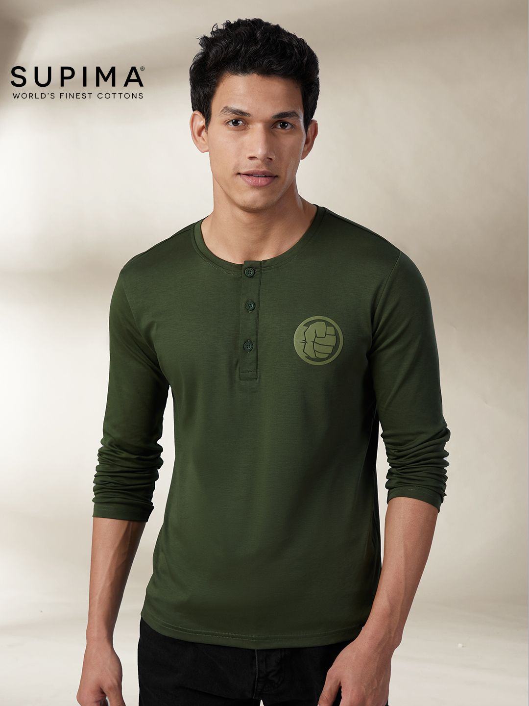 Buy Hulk logo Supma Full Sleeve Henley T-Shirts Online