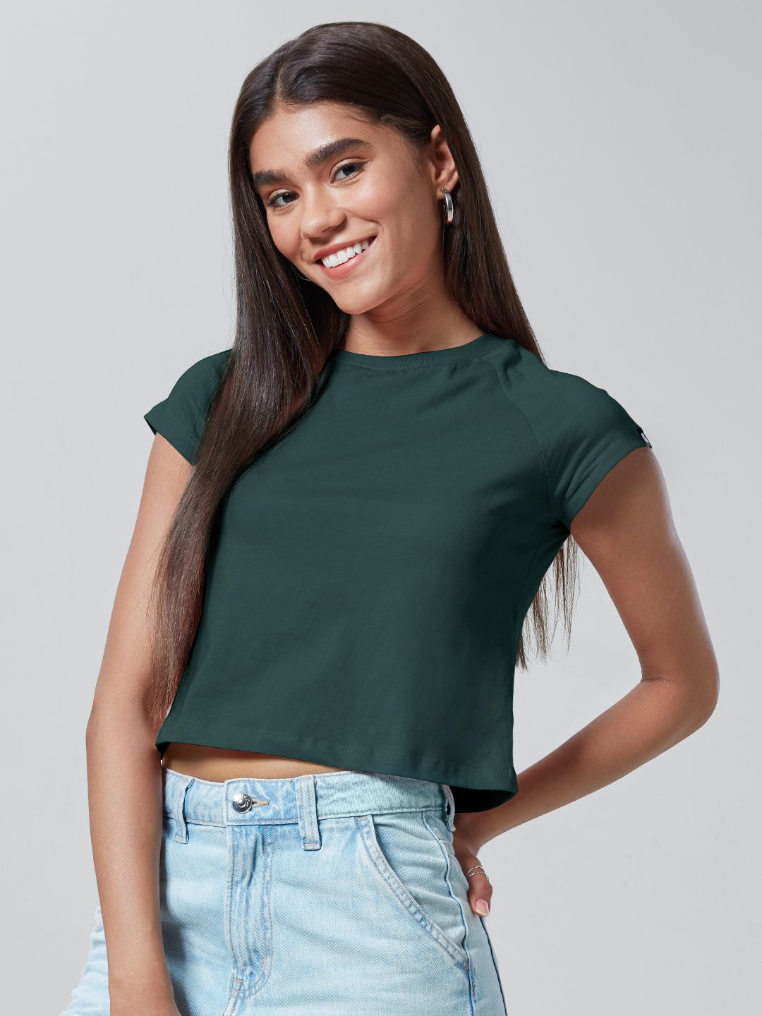 Buy Solids: Bottle Green Women's Raglan Capped T-shirt Online.