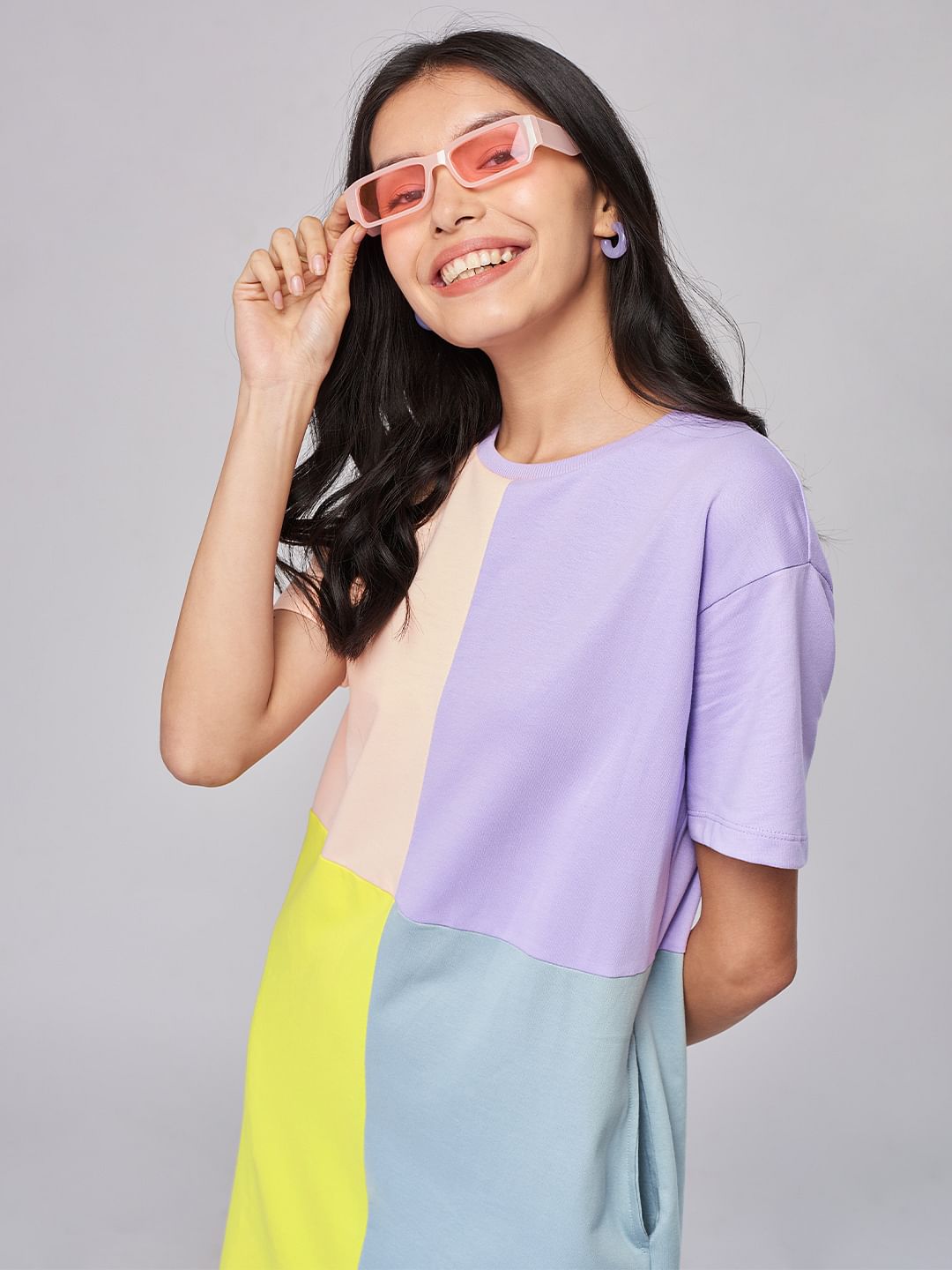 Buy Pastels Colour Block Women Oversized T Shirt Dress Online