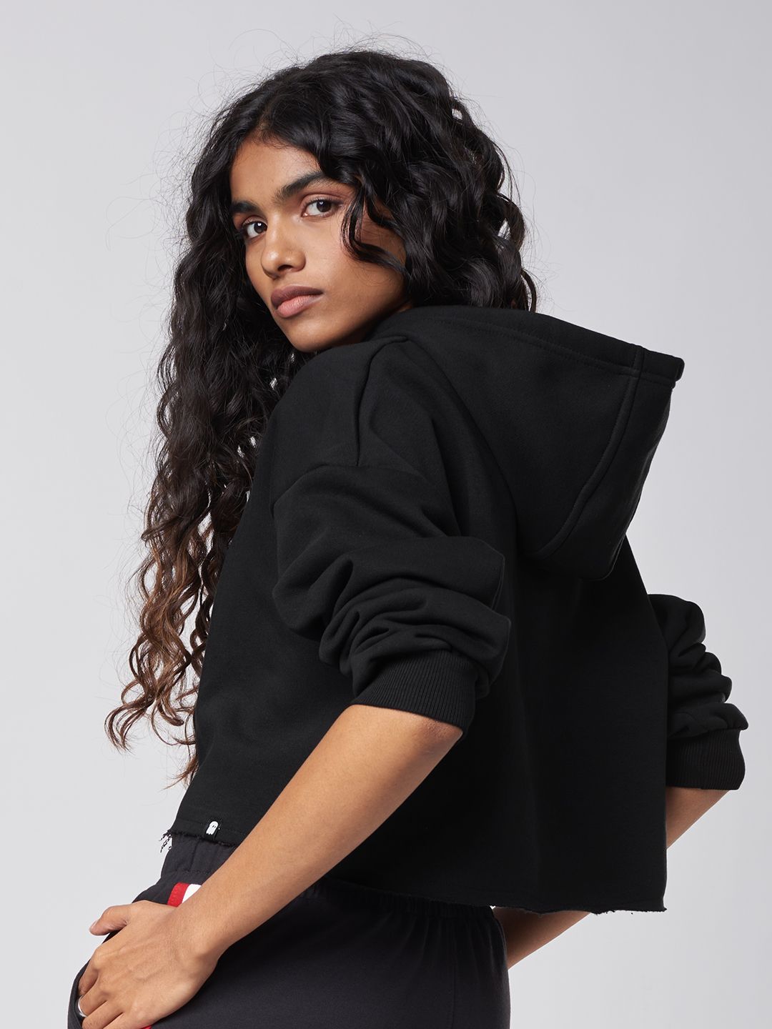Buy Official Solids: Black Women Cropped Oversized Hoodies Online