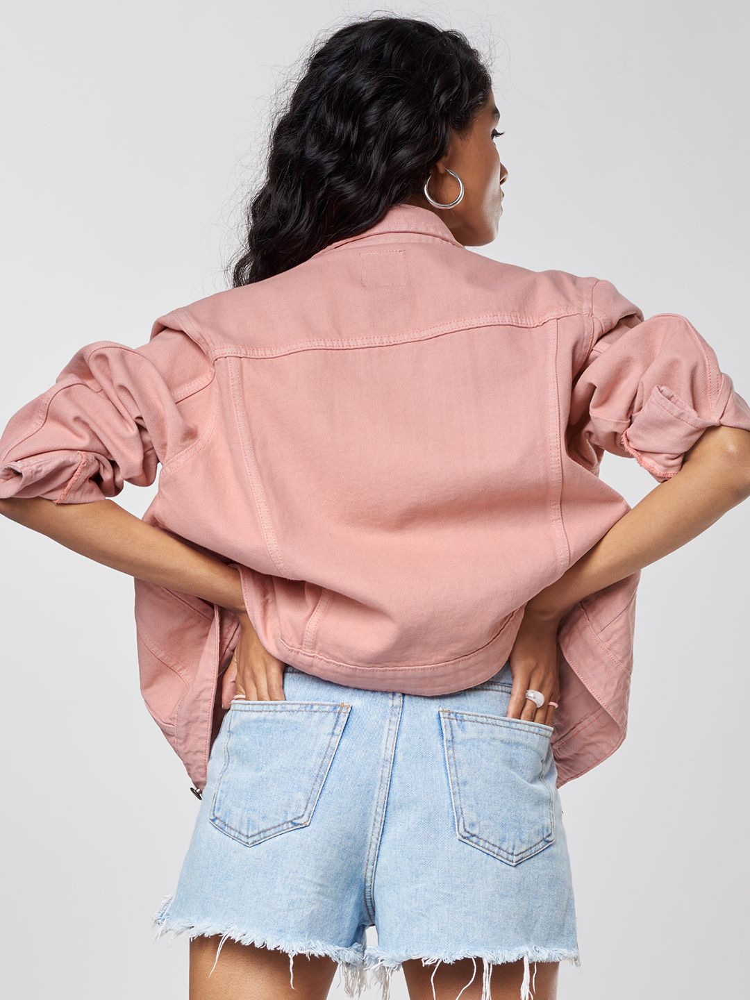 Buy Official Solids Peach Women Denim Jacket Online
