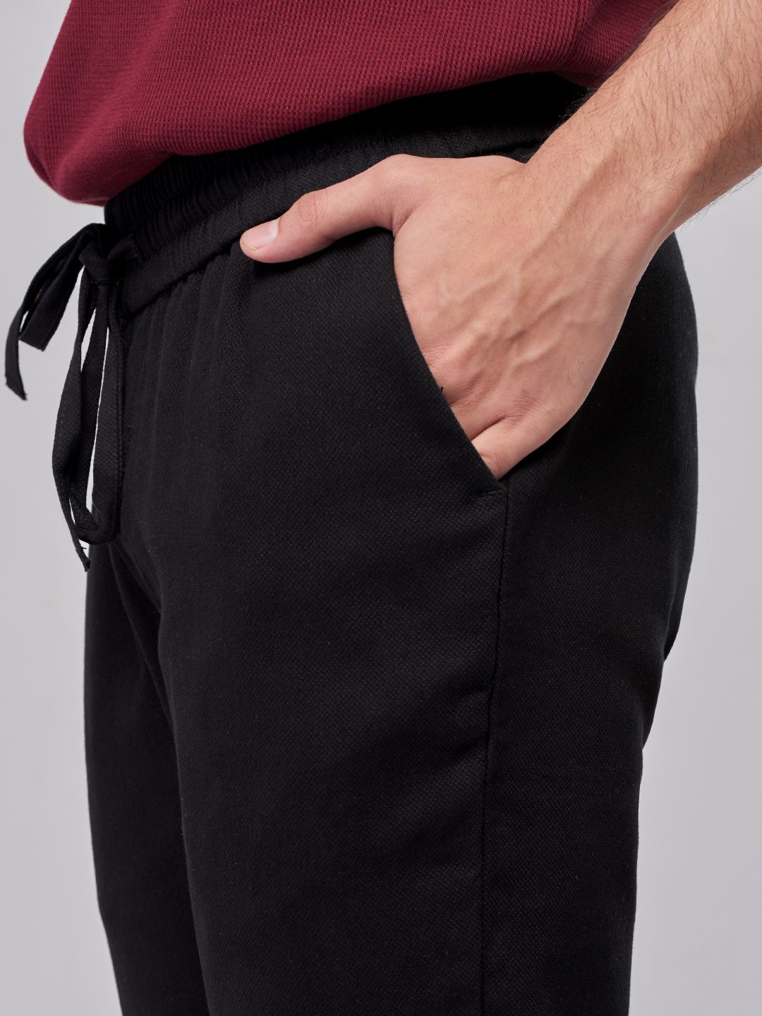 Buy Solids Black Cotton Stretch Structured Pants Online