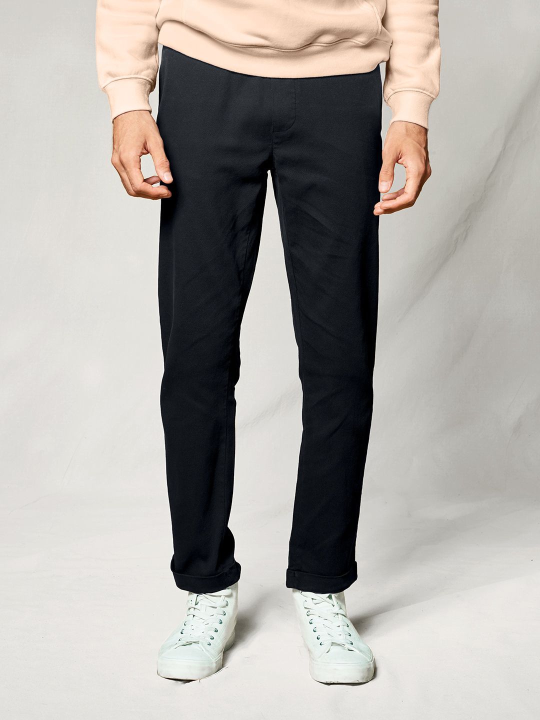 Buy Solids Dark Blue Cotton Stretch Structured Pants Online