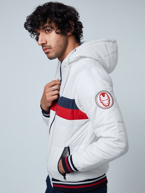 Buy Official Iron Man: Mask Logo Puffer Hooded Jackets Online