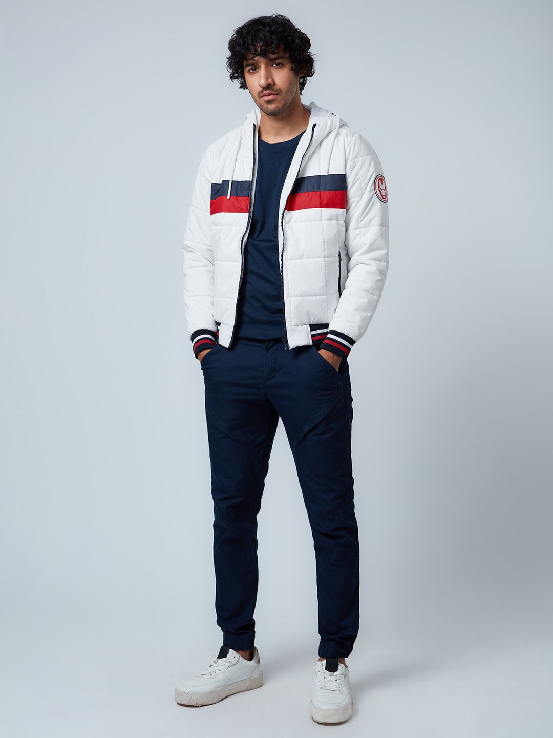 Buy Official Iron Man: Mask Logo Puffer Hooded Jackets Online