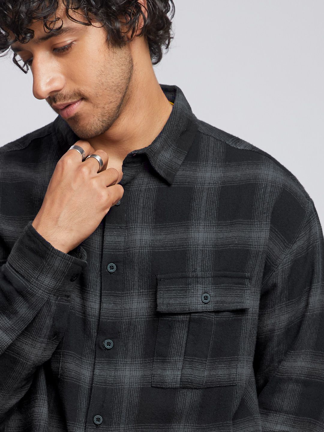 Buy Plaids: Grey Black White Men Utility Shirt Online