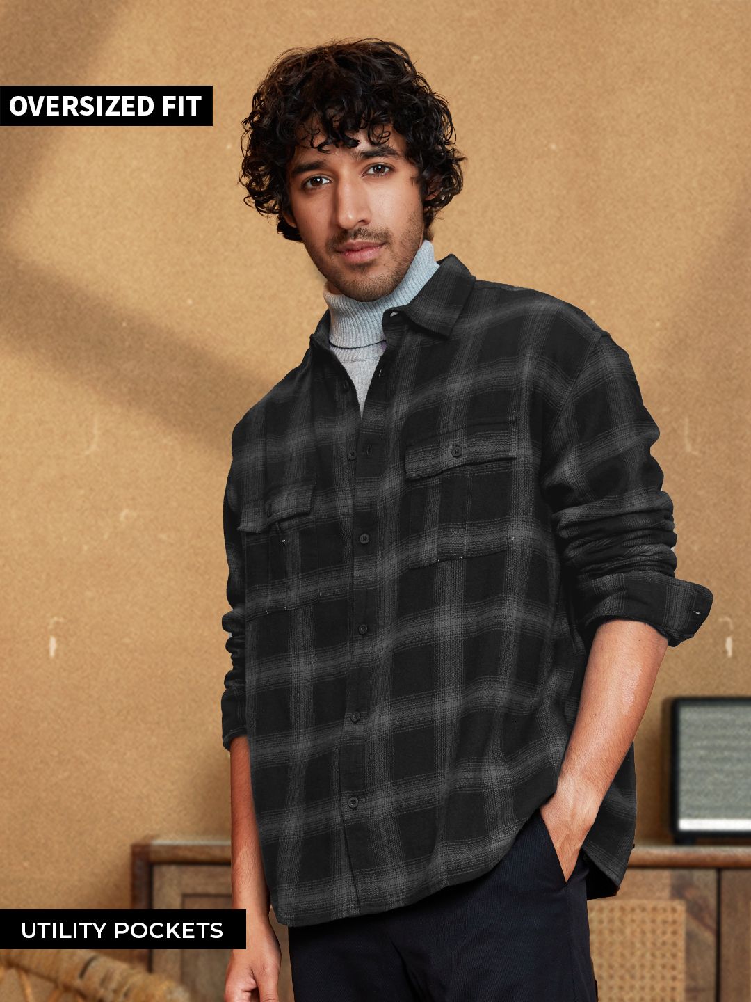 Buy Plaids: Grey Black White Men Utility Shirt Online