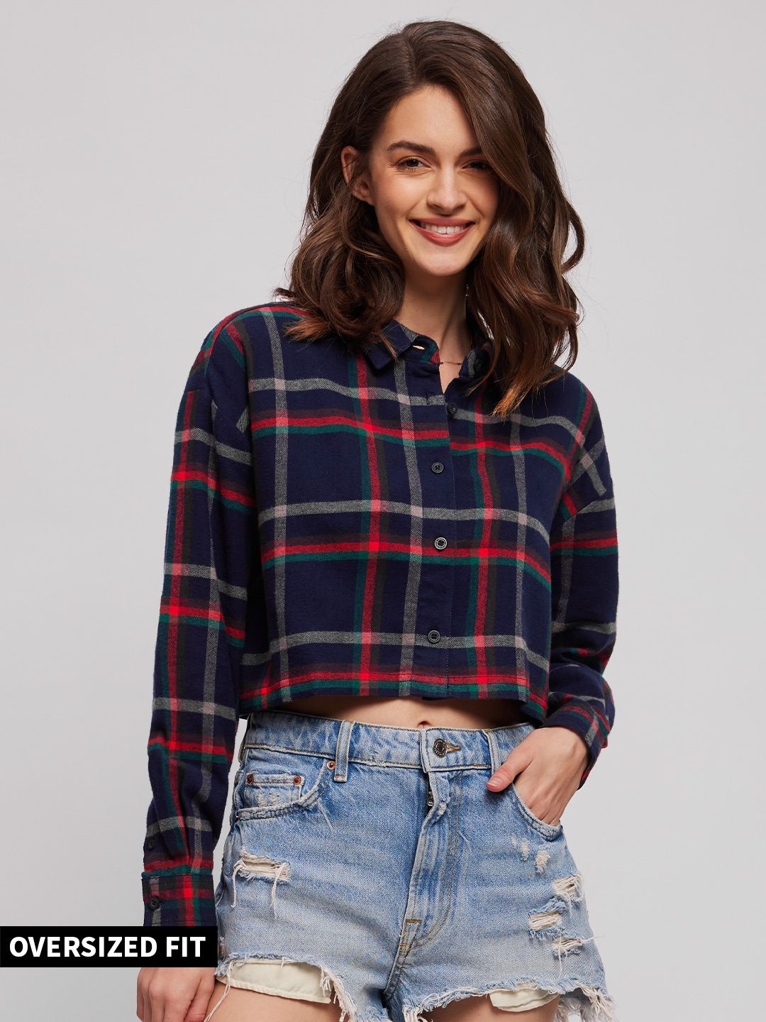 Buy Plaid: Red Cropped Shirt Dress Online