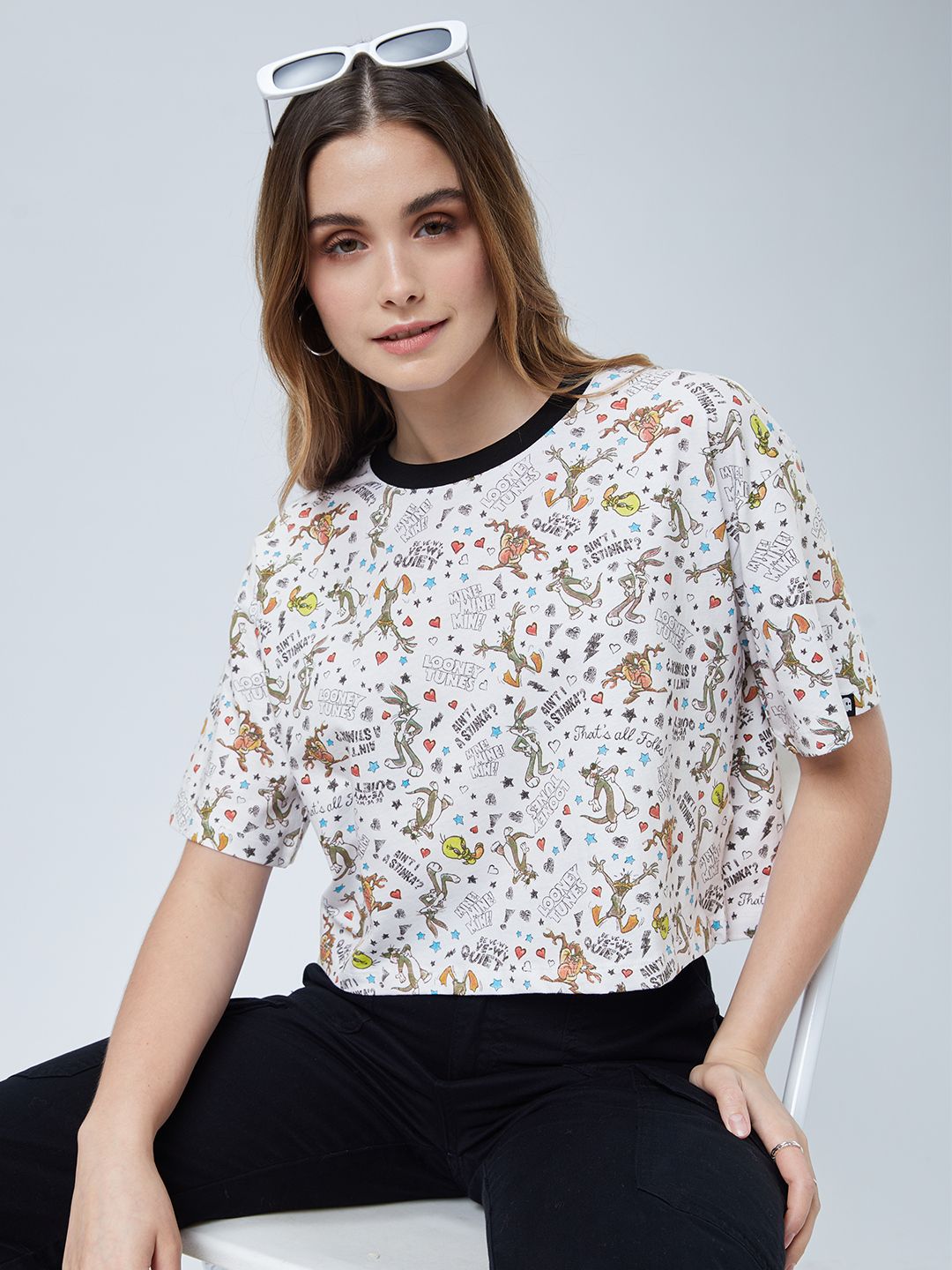 Buy Looney Tunes: Doodle Pattern Women's Oversized Cropped T-Shirt ...