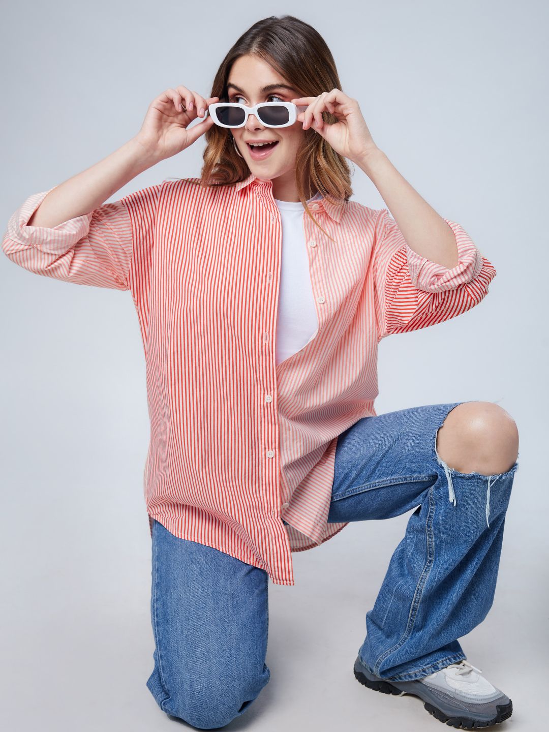 Buy Two Toned Shirt: Red and Pink Stripes Boyfriend Shirt Womens Online