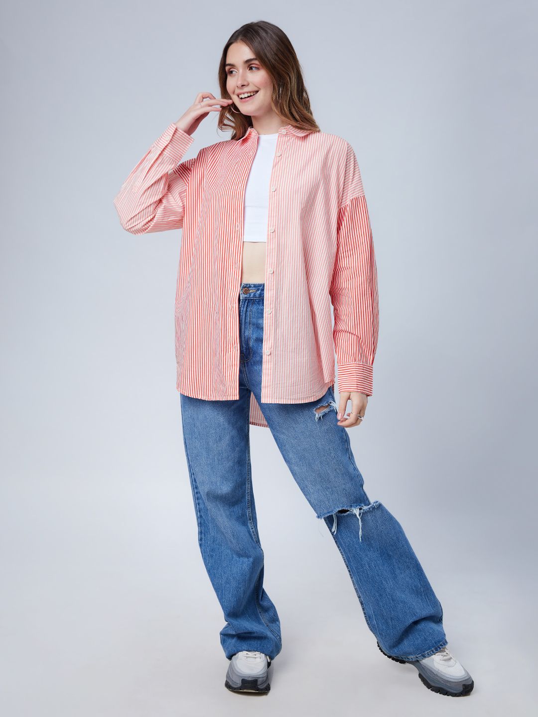 Buy Two Toned Shirt: Red and Pink Stripes Boyfriend Shirt Womens Online