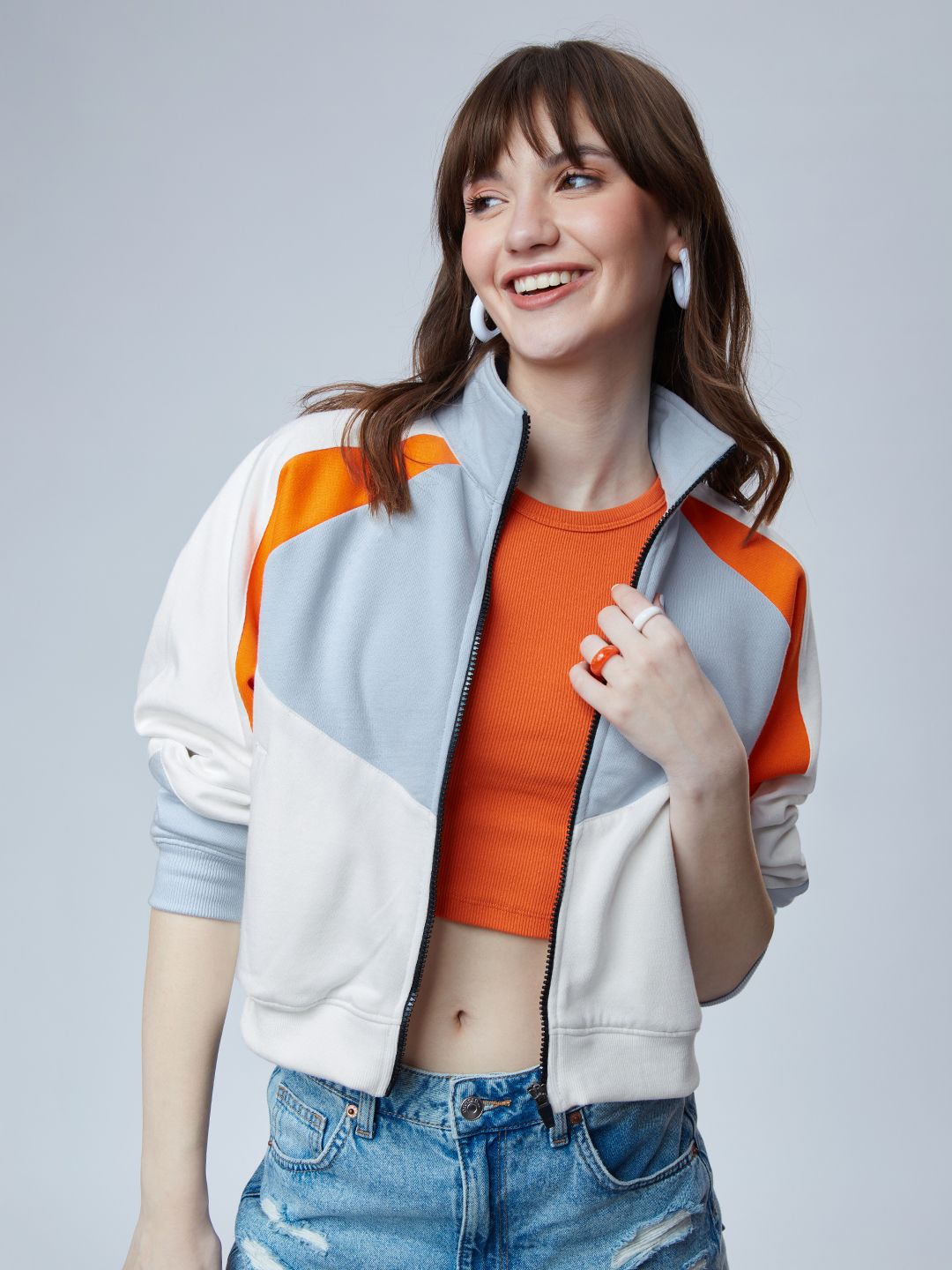 Buy Official Solids: Blue, Orange, White Colourblock Women Jacket Online