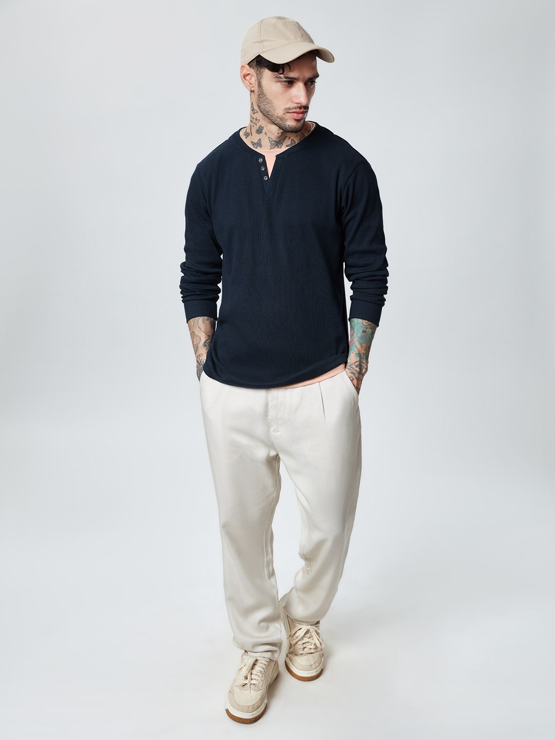 Buy Solids: Navy Blue & Nude Pink Full Sleeve Henley T-shirt Online