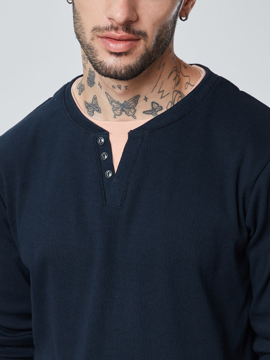 Buy Solids: Navy Blue & Nude Pink Full Sleeve Henley T-shirt Online
