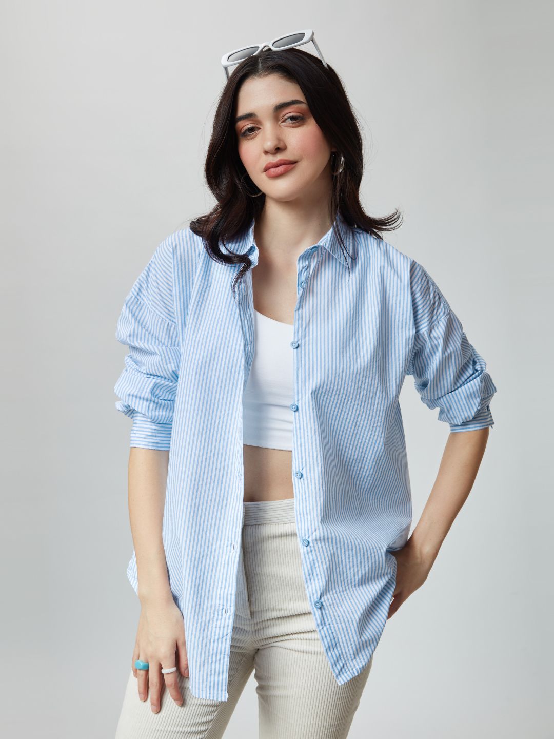 Buy Solids: Blue Stripes Boyfriend Shirt Womens Online
