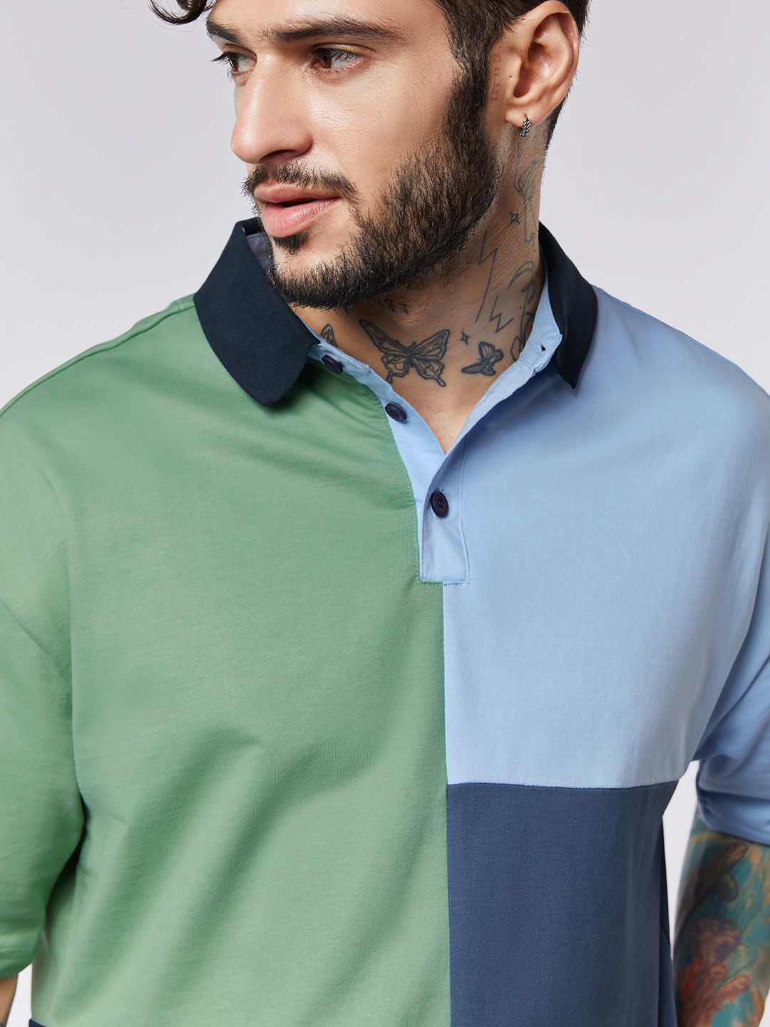 Buy Solids: Denim Blue Colourblock Oversized Polo Online