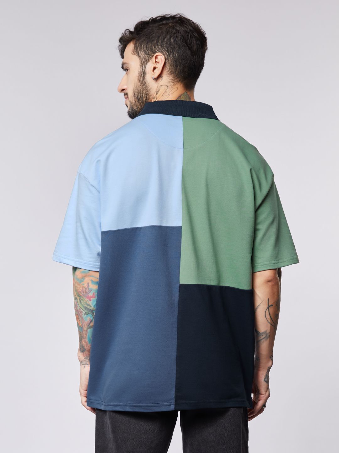 Buy Solids: Denim Blue Colourblock Oversized Polo Online