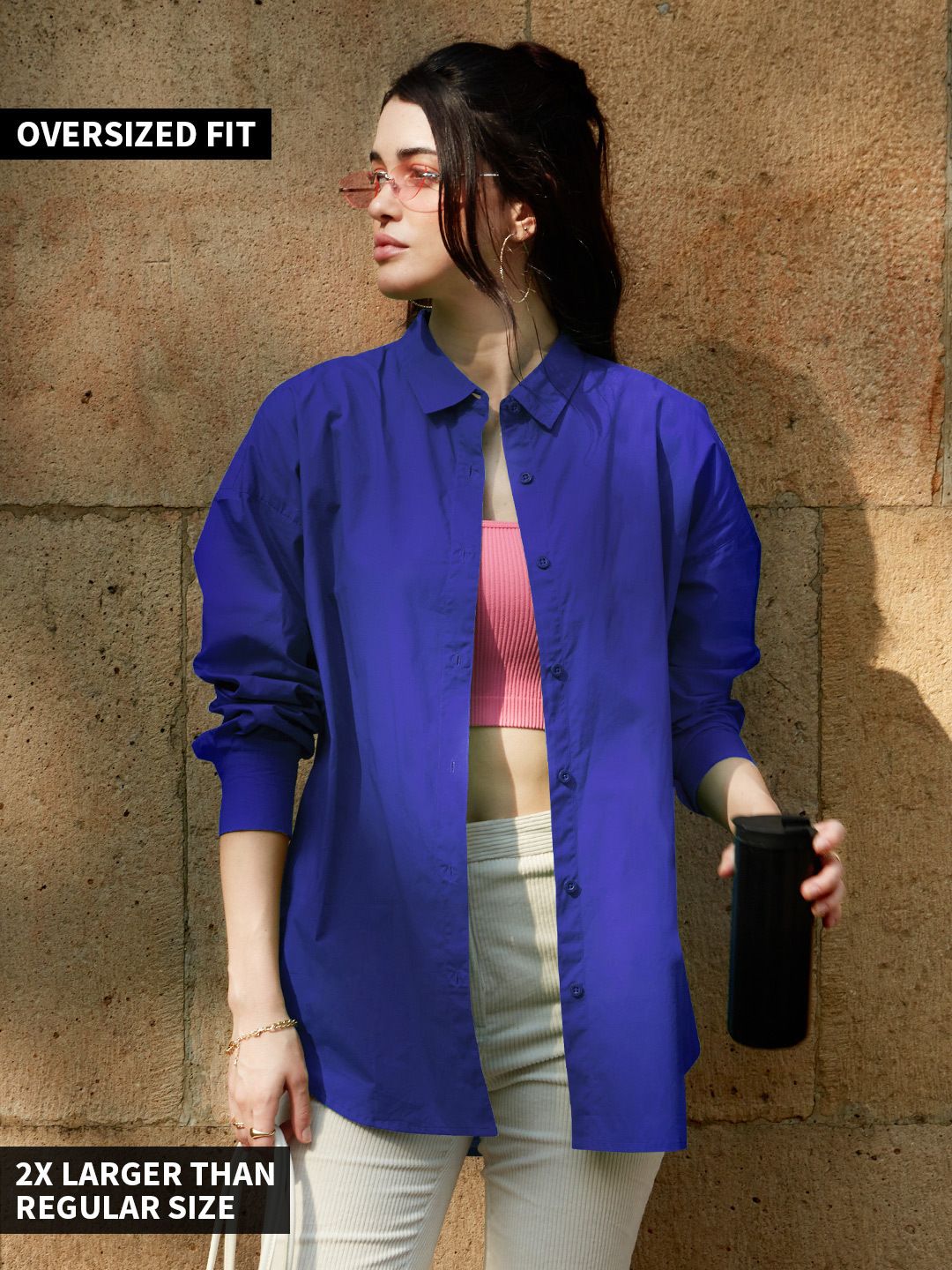Buy Electric Blue Solid Boyfriend Shirt Online