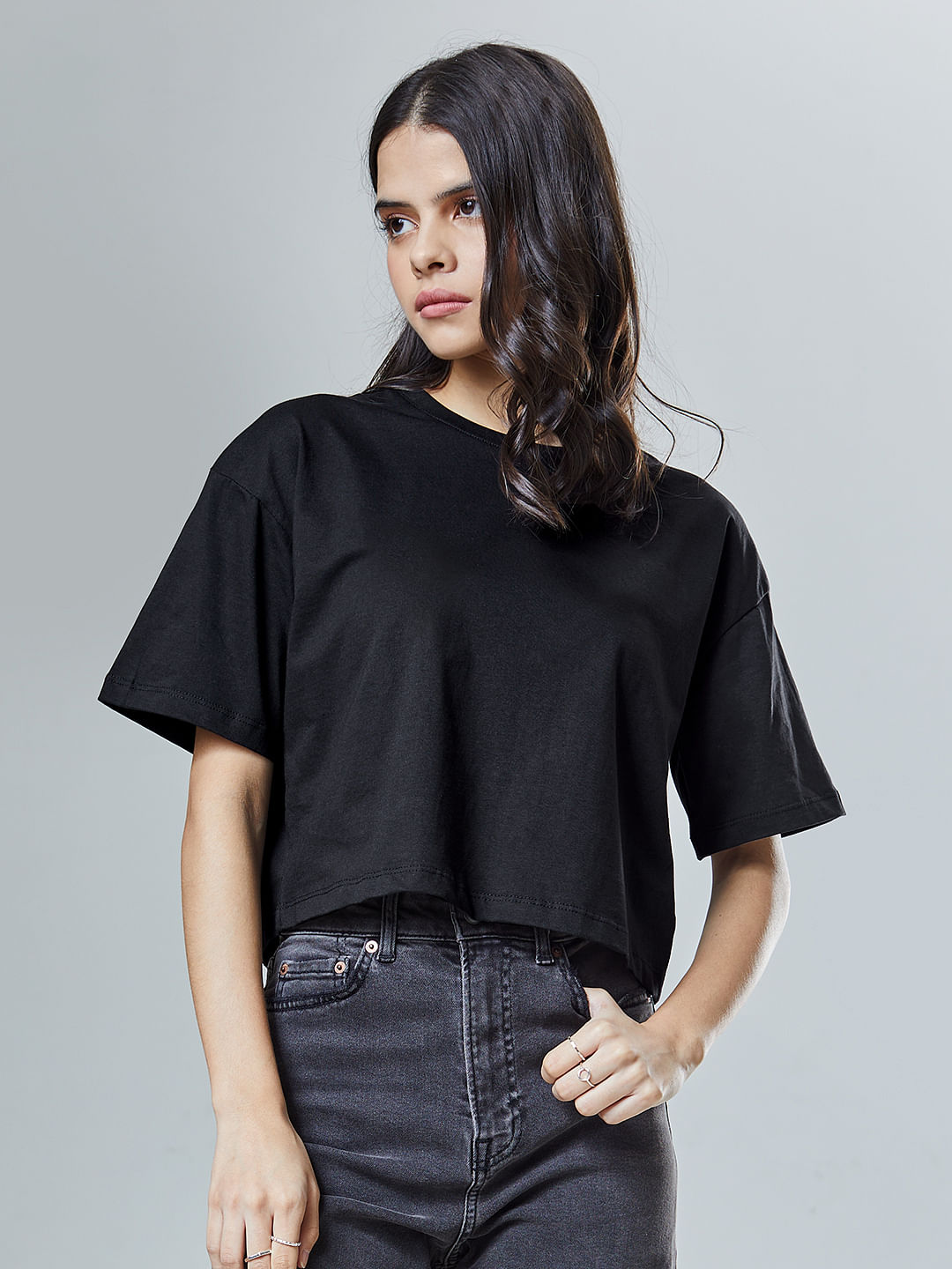 Buy Solids Black Womens Oversized Cropped T Shirt Online At The Souled
