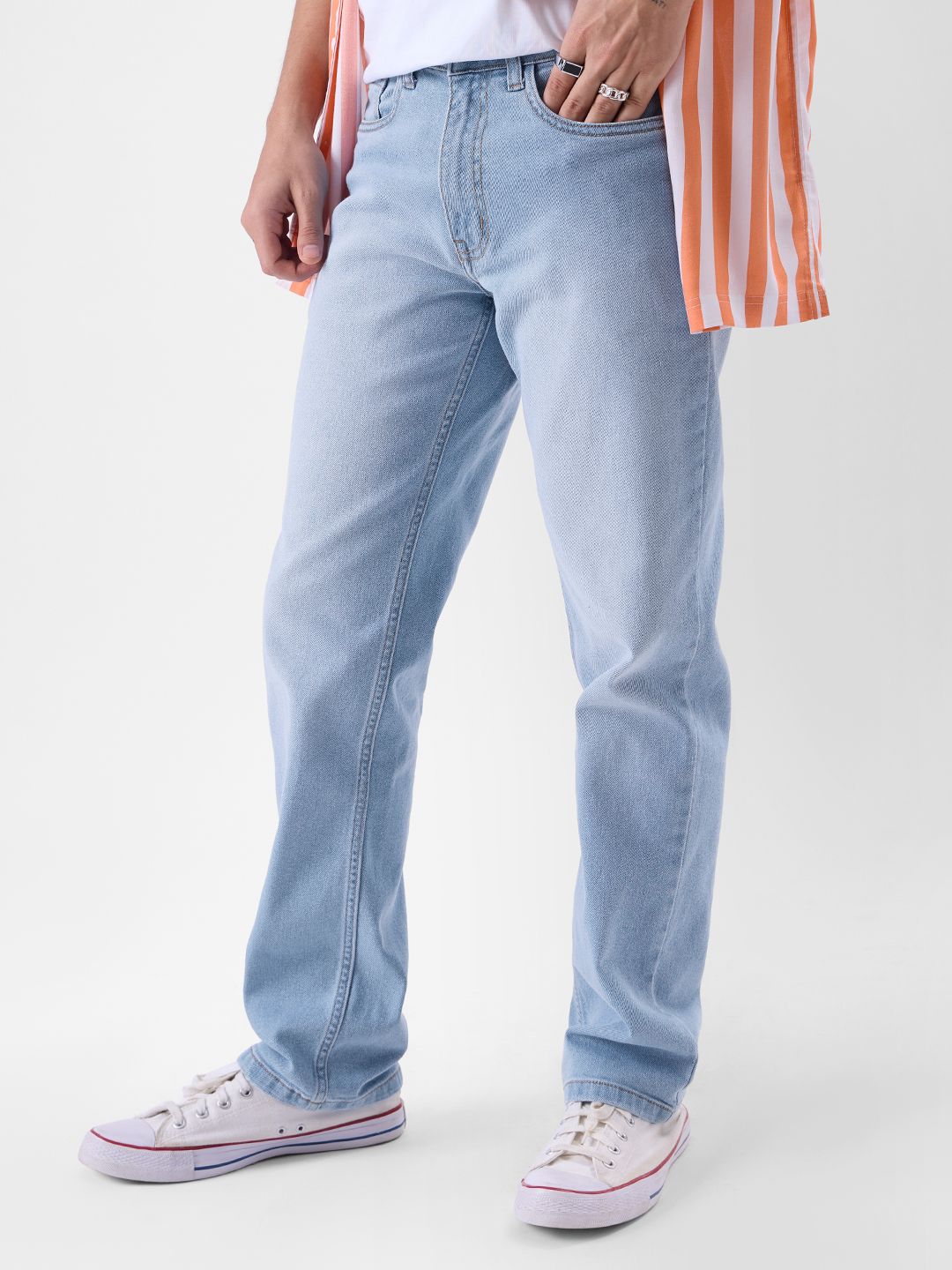 Buy Solids: Mid Blue Wash (Straight Fit) Men Cargo Jeans Online