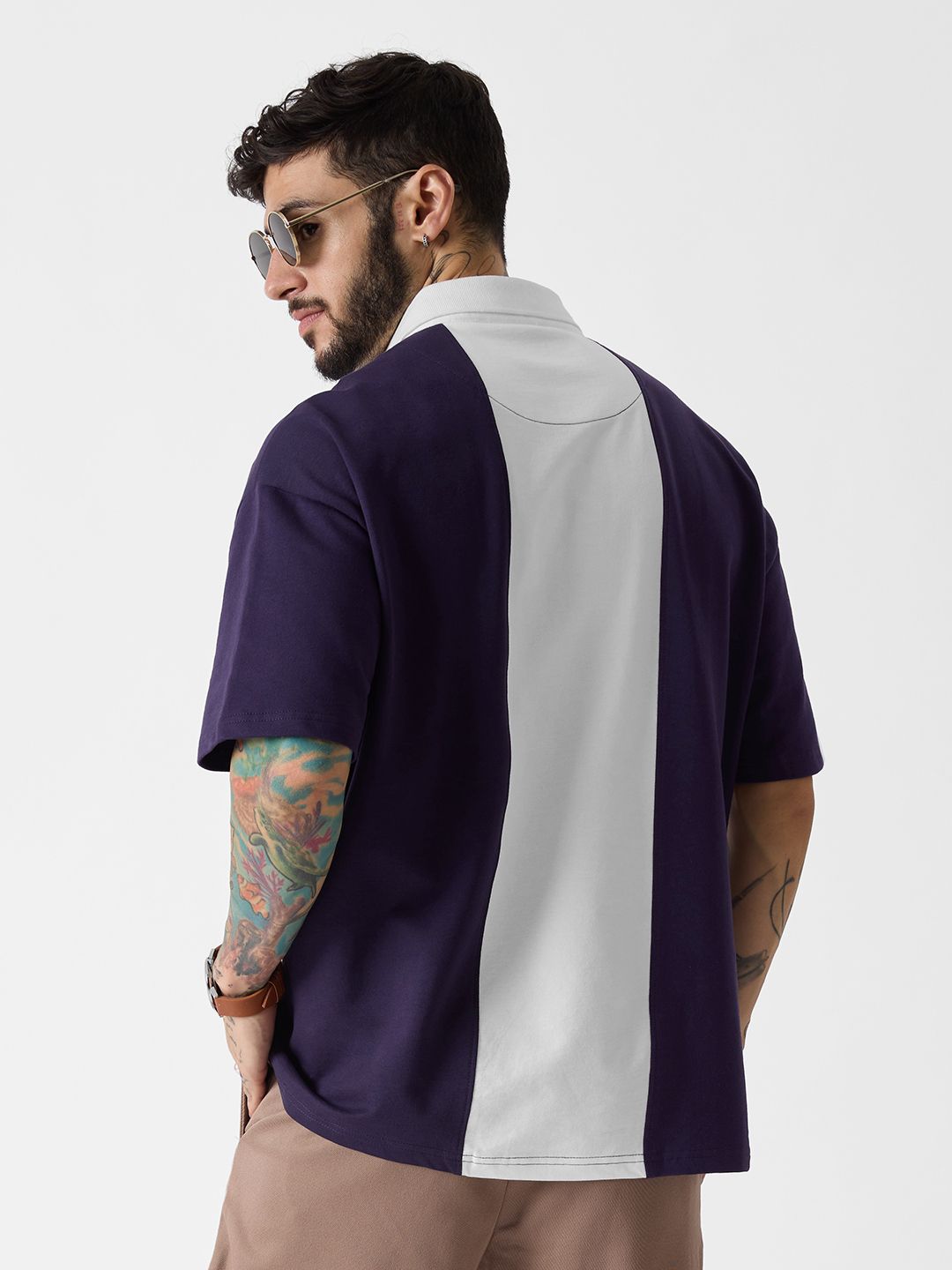 Buy Solids: White & Berry Colourblock Oversized Polo Online