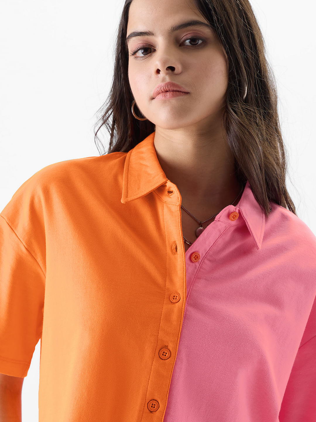 Buy Solids Orange And Pink Womens Cropped Shirt Online