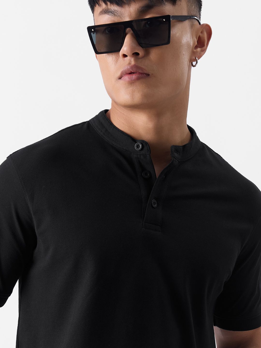 Buy Solids: Midnight Black Men Mandarin Polo Online.