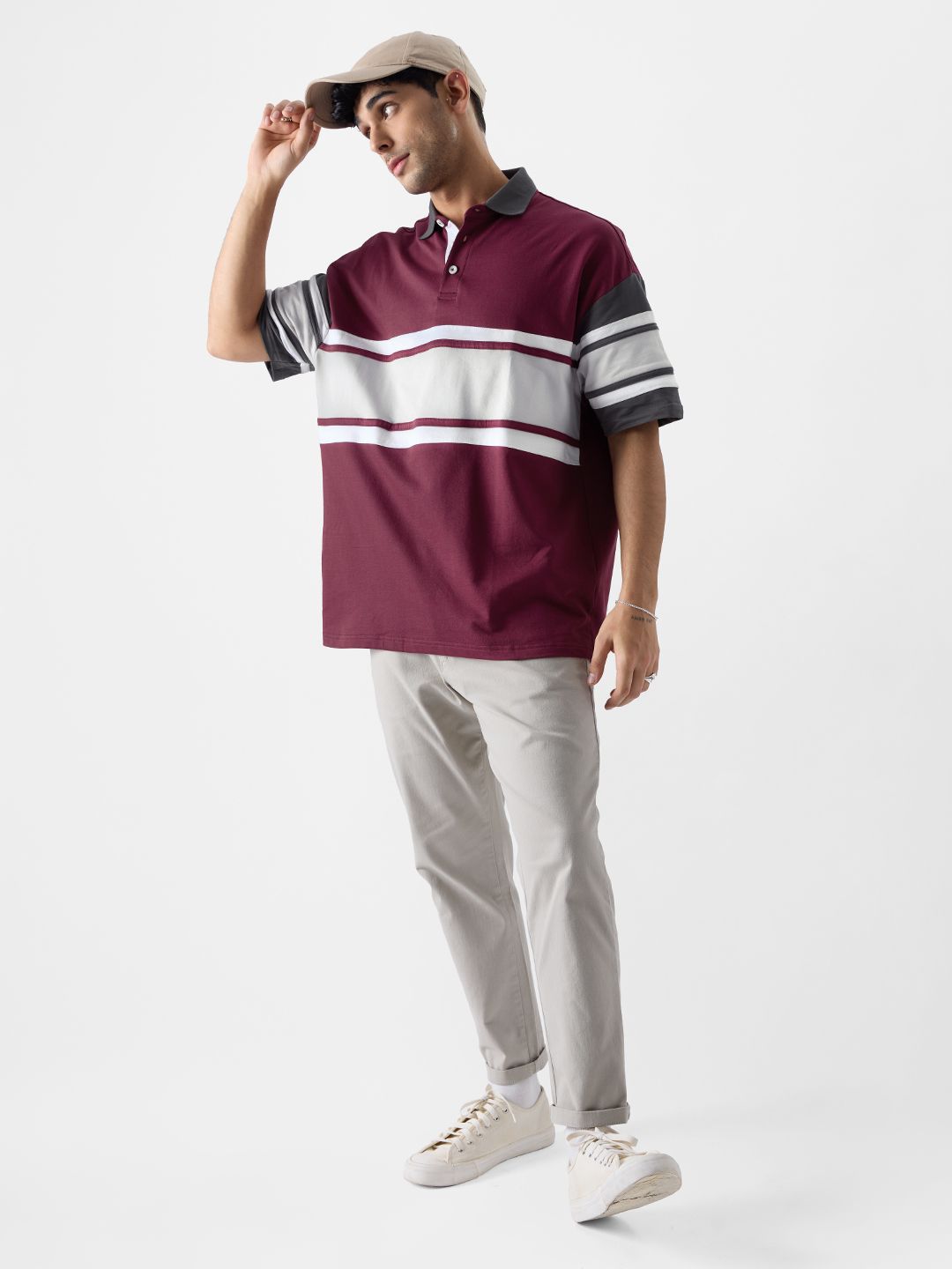 Buy Solids: Maroon Colourblock Oversized Polo Online