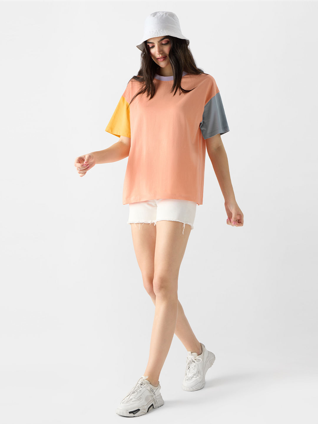 Buy Solids Yellow Pink And Grey Colourblock Womens Oversized T Shirt