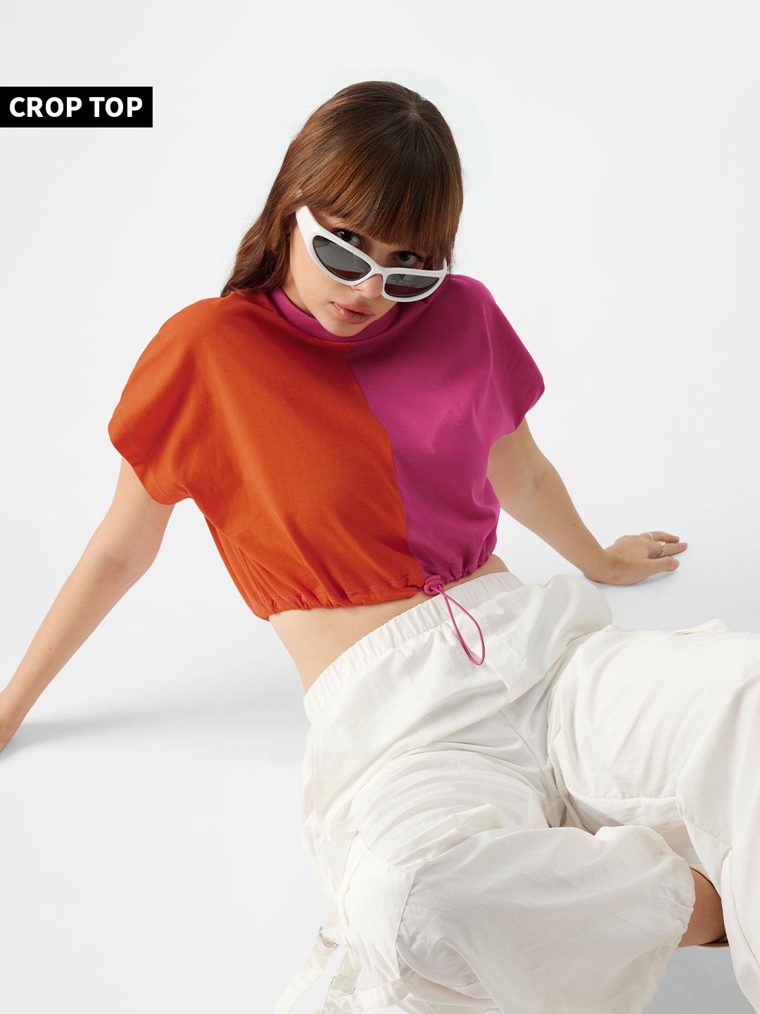 Buy Solids: Blazing Orange, Hot Pink (Colourblock) Women's Oversized T ...