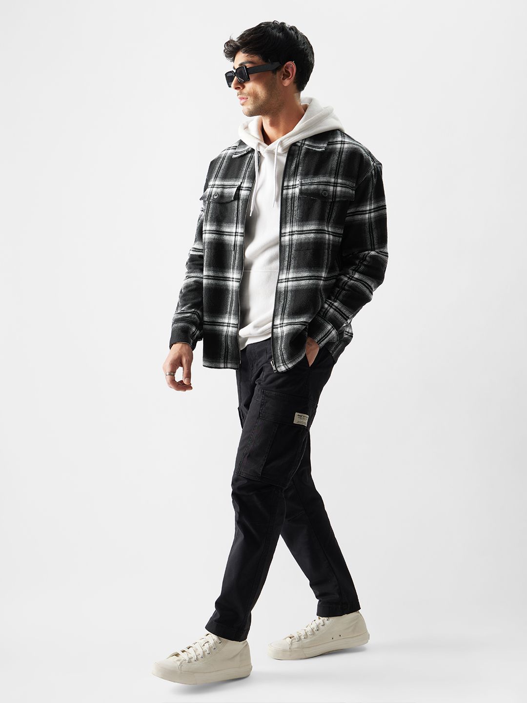 Buy Plaid: Black and White Mens Zipper Shackets Online