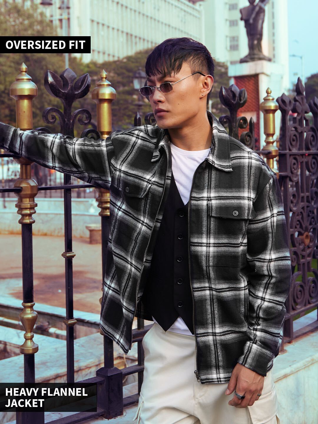 Buy Plaid: Black and White Mens Zipper Shackets Online