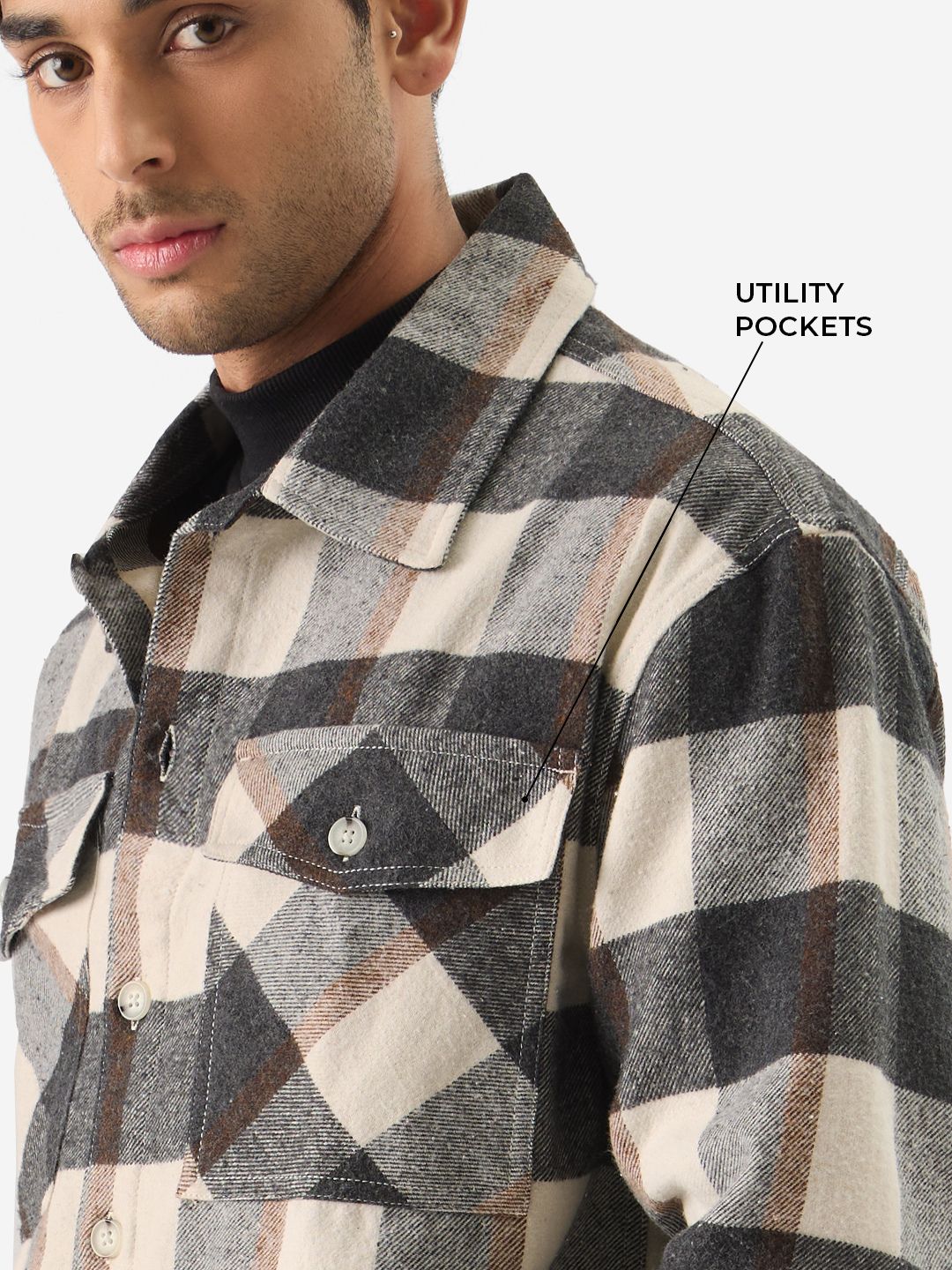 Buy Plaid: Black, Grey and Brown Mens Button Shacket Online