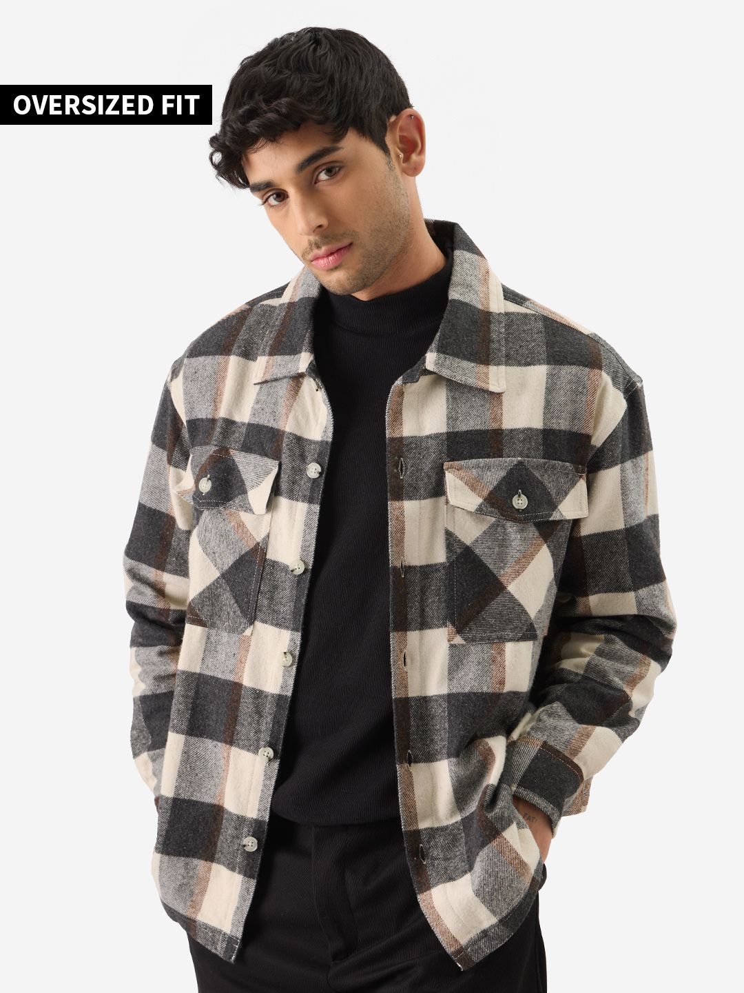 Buy Plaid: Black, Grey and Brown Mens Button Shacket Online