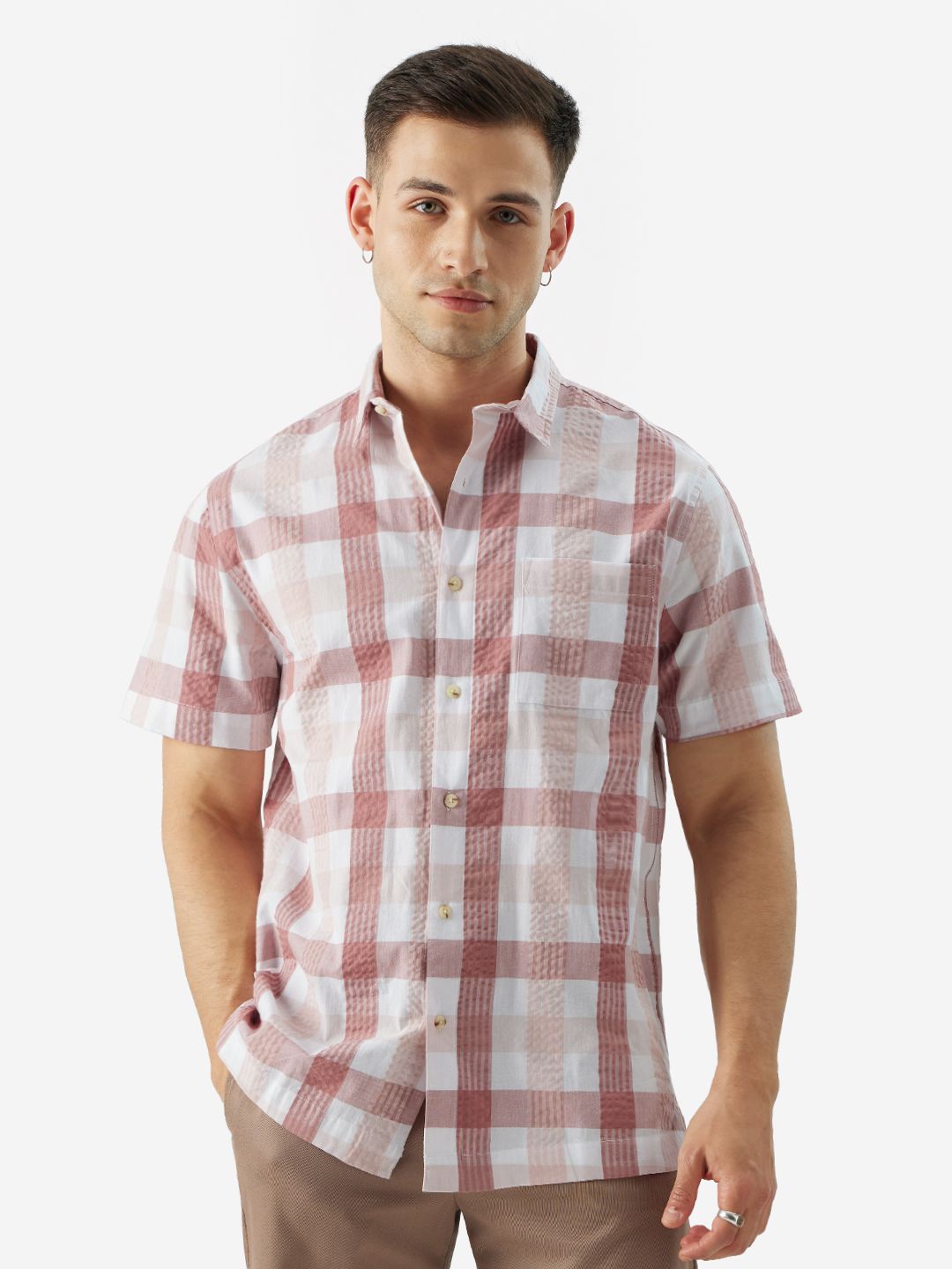Buy Plaid: Pink And White Half Sleeve Shirts Online