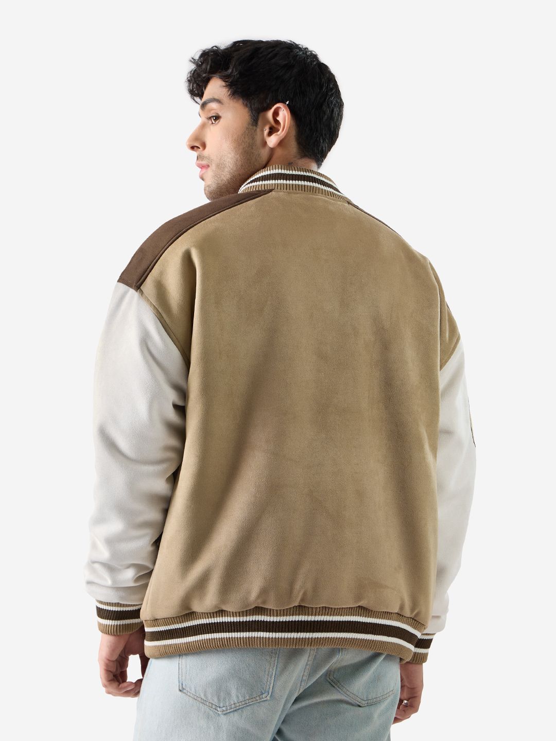 Buy Solids: Beige Men Oversized Varsity Jacket Online