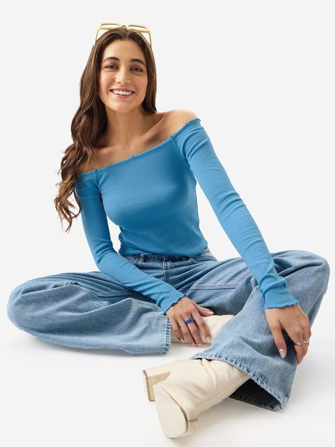 Buy Atlantic Blue Ribbed Top Women Full Sleeves Tops online at The ...