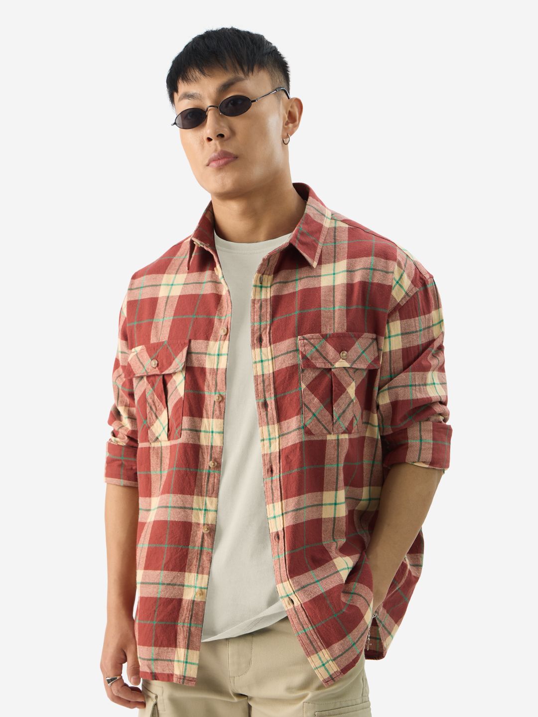 Buy Checks: Almond Cream Men Relaxed Shirts Online