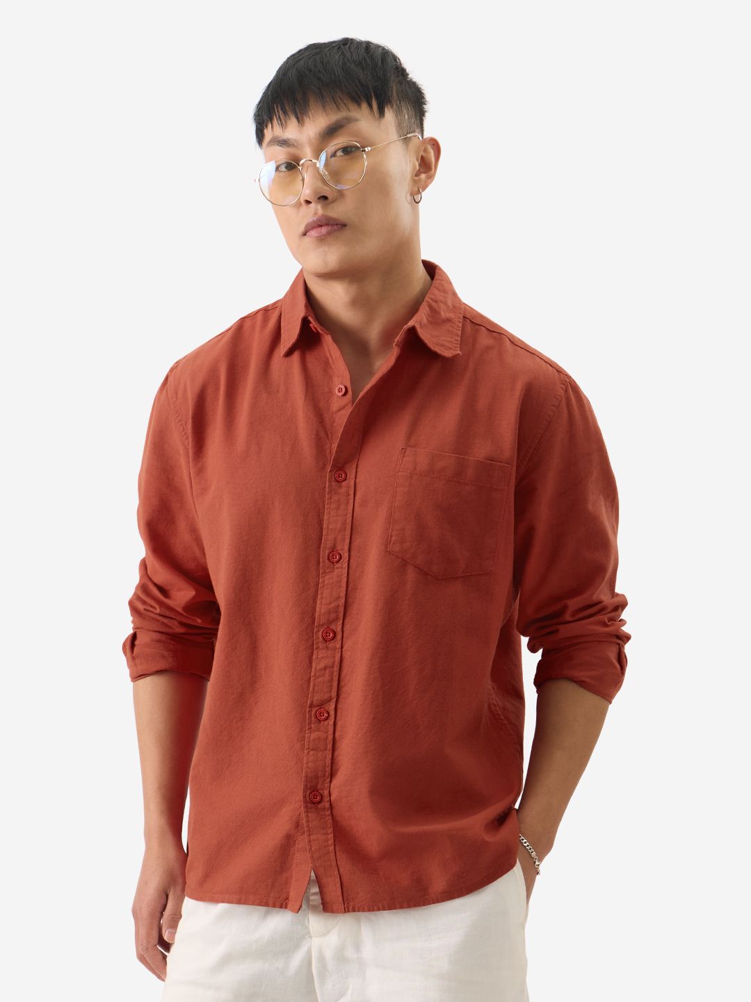 Buy Solids: Sunset Red Cotton Linen Shirts Online