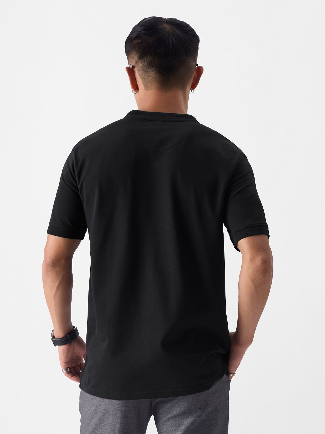 Buy Solids: Midnight Black Men Mandarin Polo Online.