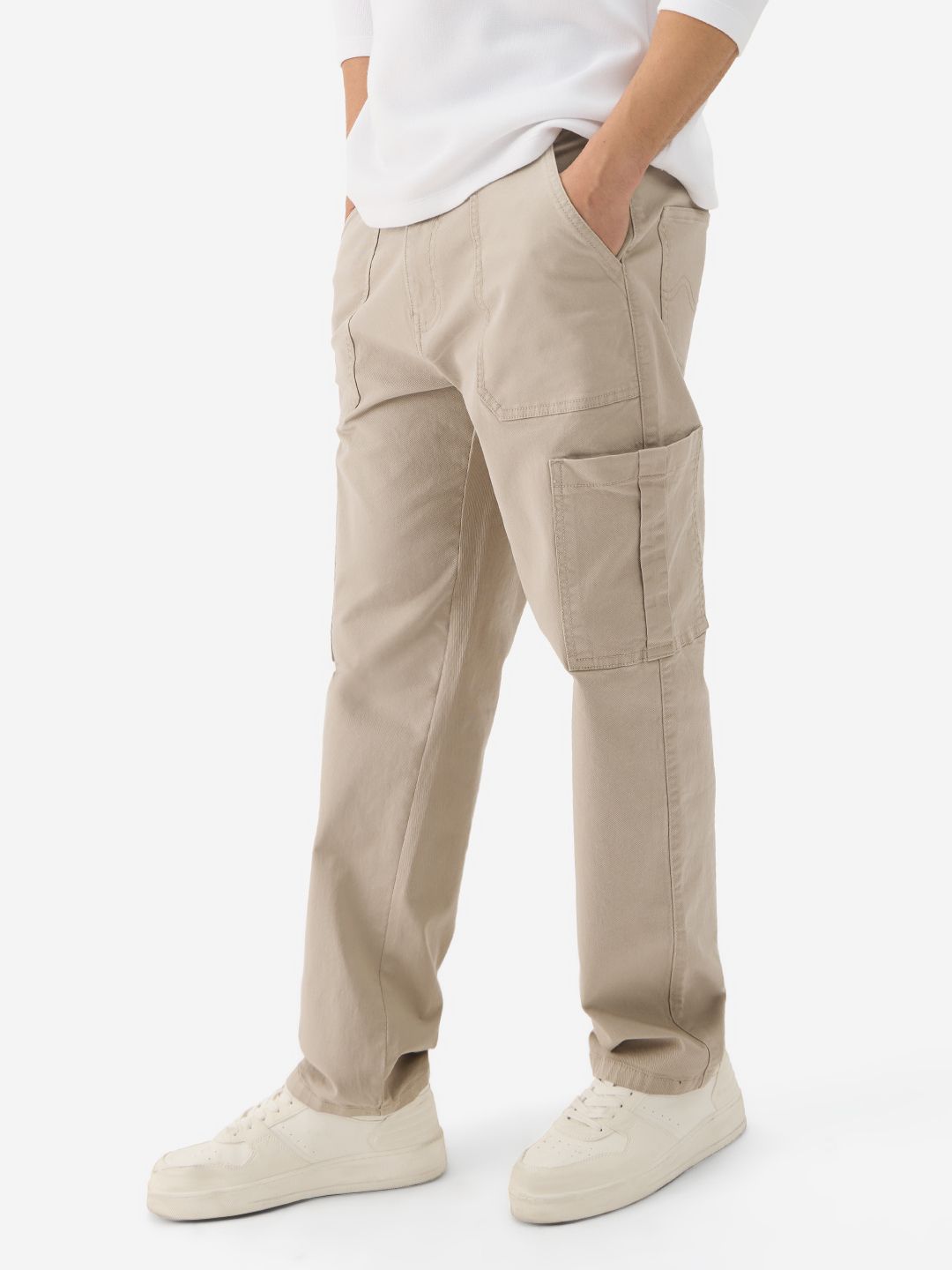 Buy Solids: Light Beige (Straight Fit) Men Cargo Jeans Online