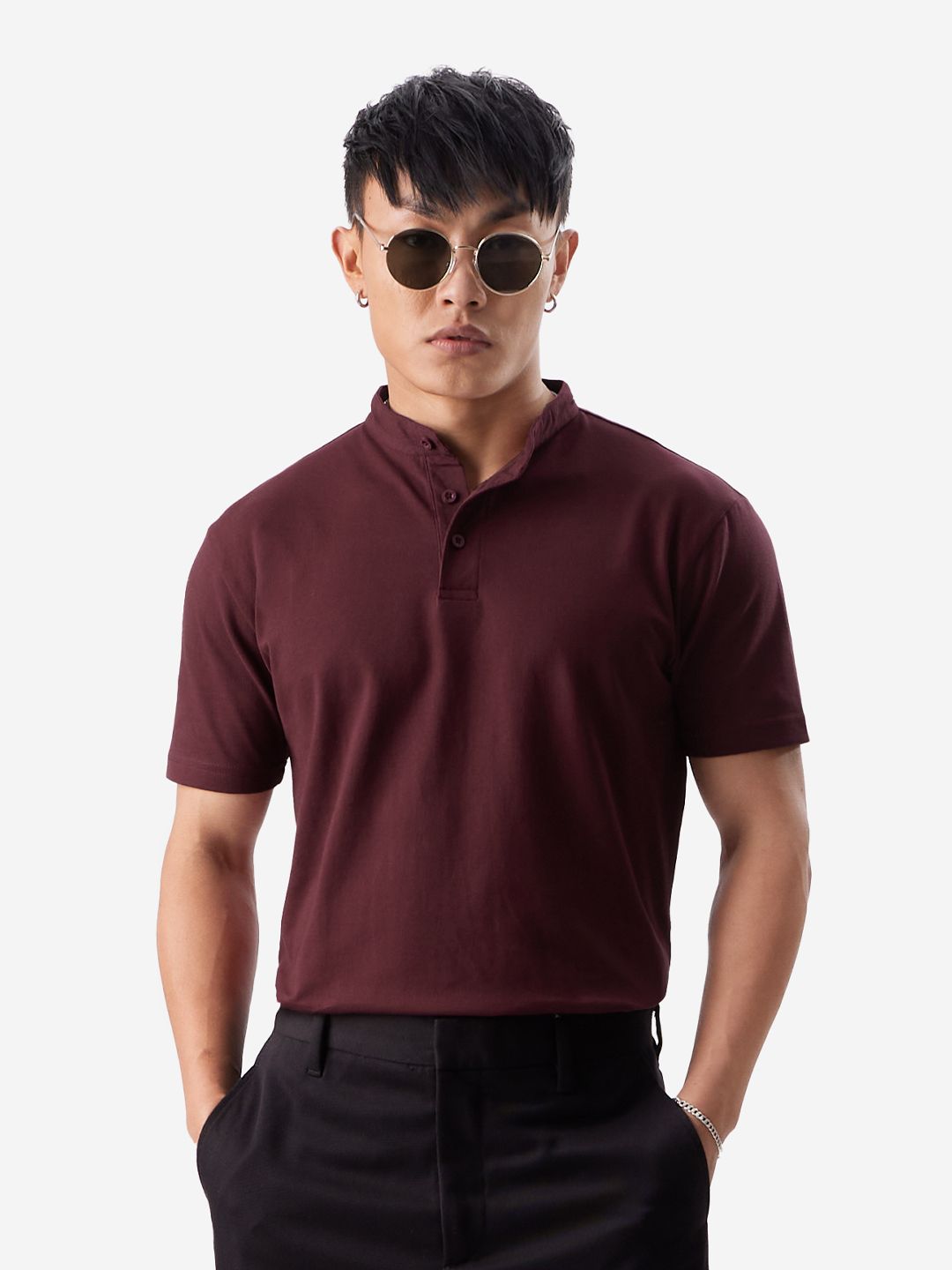 Buy Solids: Burgundy Men Mandarin Polo Online.
