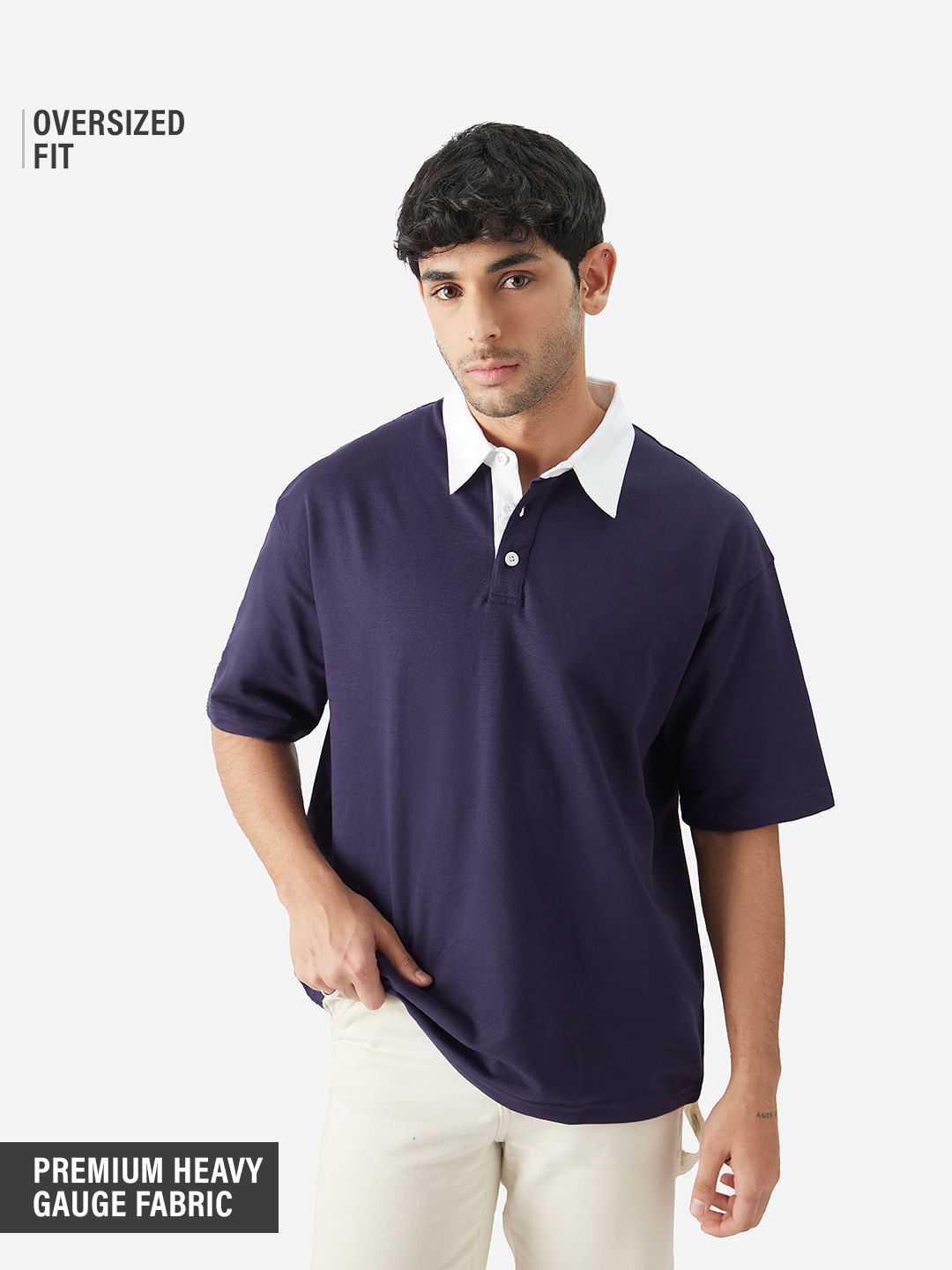 Buy Solids: Pink & Navy Logo Oversized Polo Online