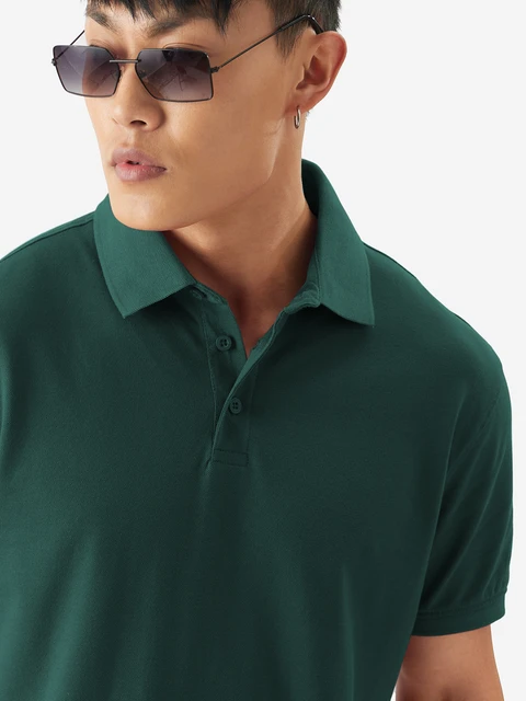 Buy Solid: Emerald Green Men Mandarin Polos Online