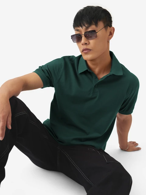 Buy Solid: Emerald Green Men Mandarin Polos Online