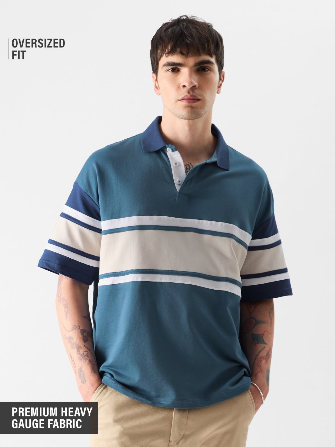 Buy Solids: Ocean Blue Colourblock Oversized Polo Online