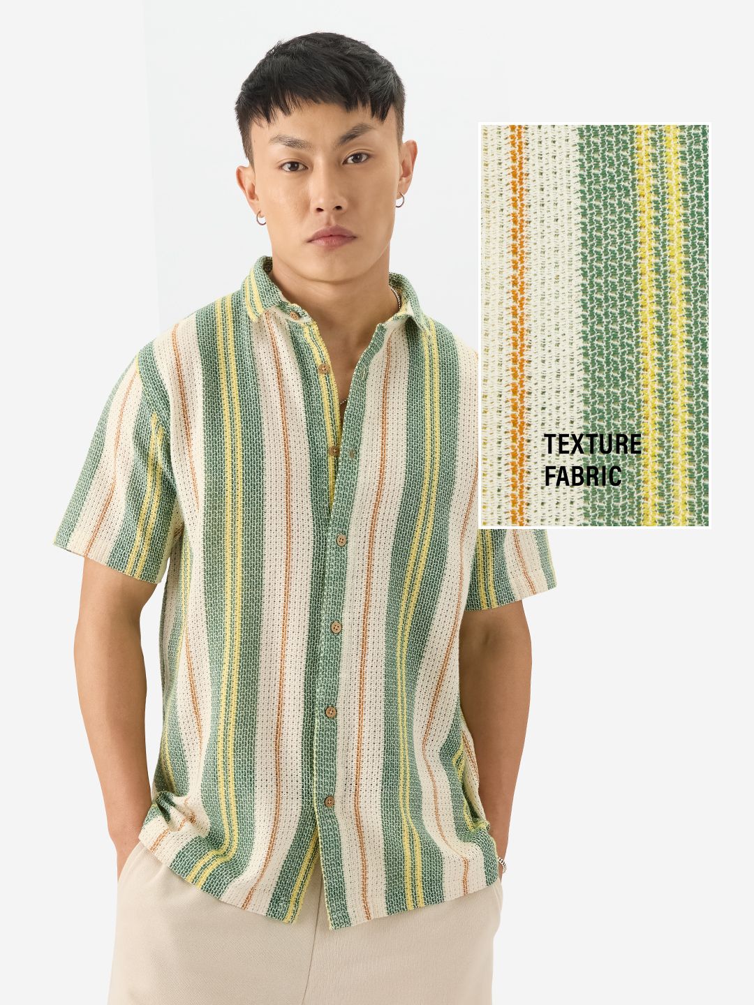 Buy Stripes: Green, White, Yellow Men Half Sleeve Shirts Online