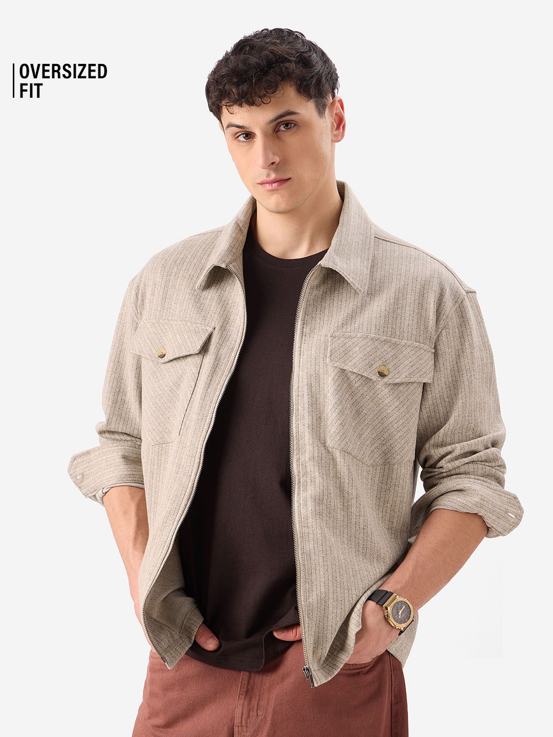 Buy TSS Originals: Beige Stripes Men's Shacket Online